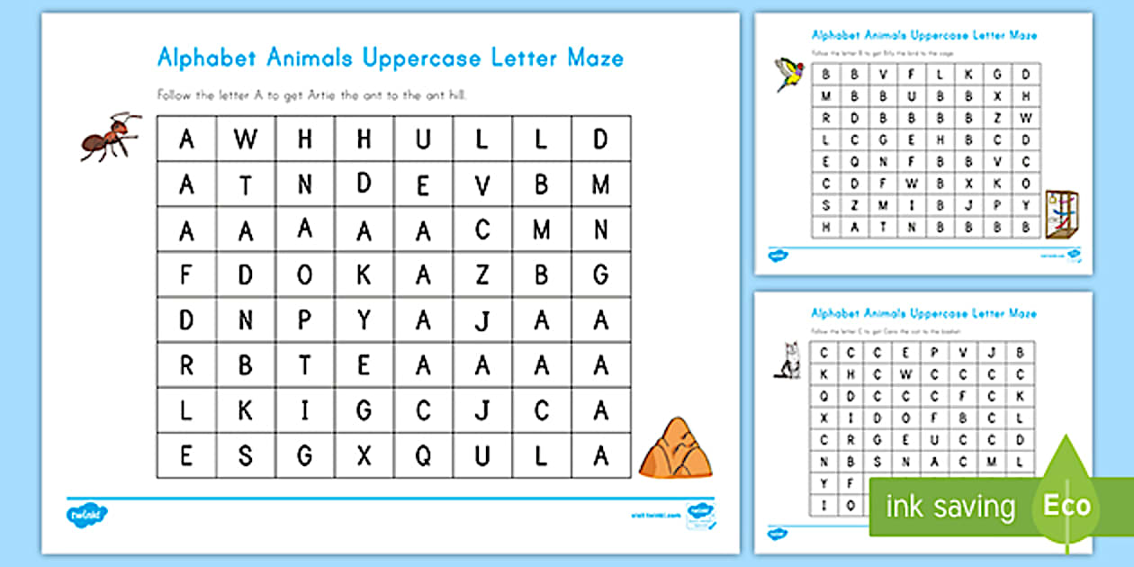 Alphabet Animals Uppercase Letter Maze Activities - Twinkl