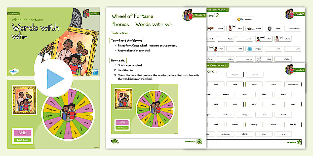 Wheel of Fortune Phonics – Words with wh- (teacher made)