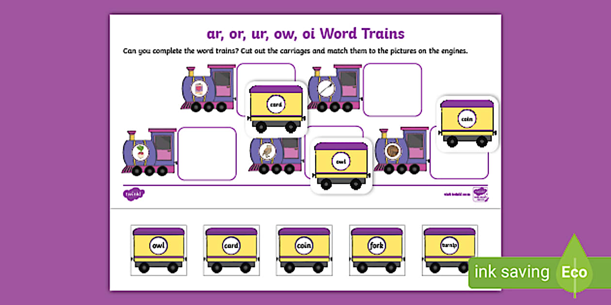 ar, or, ur, ow, oi Phase 3 Phonics Train Cut and Stick Matching Activity