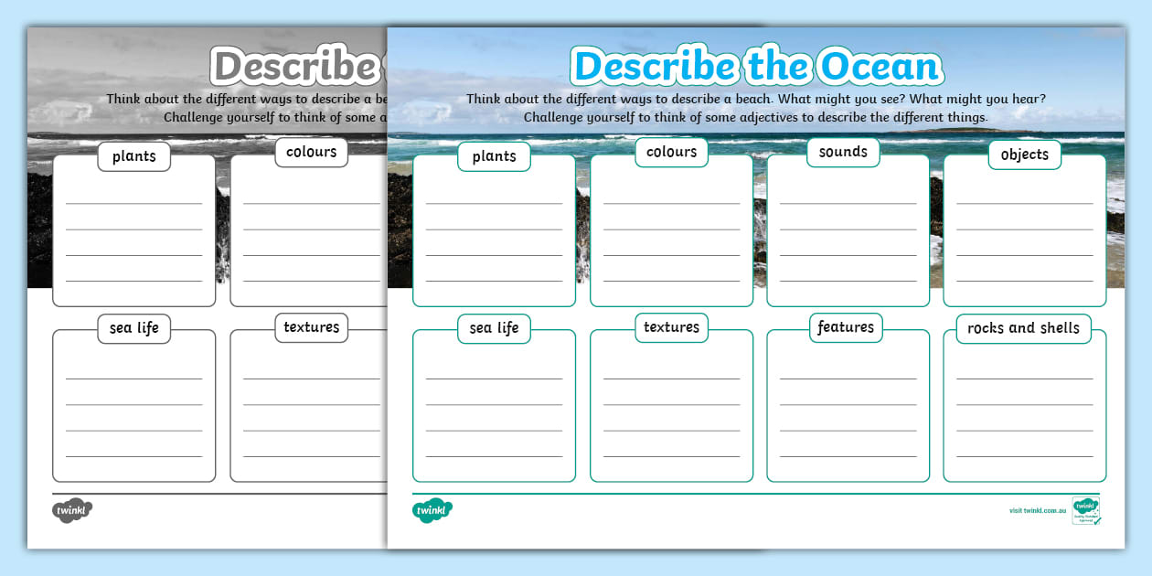 At the Beach Adjectives Worksheet (teacher made) - Twinkl