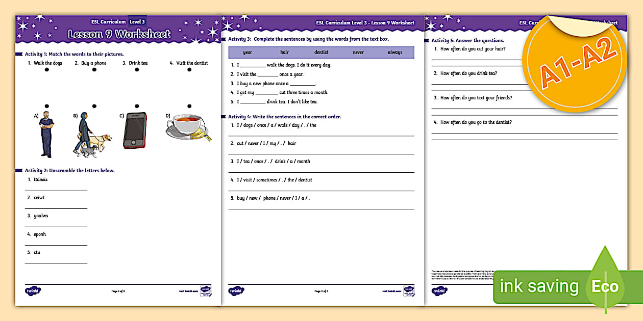 ESL Curriculum Level 3, Lesson 9 Worksheet (teacher made)