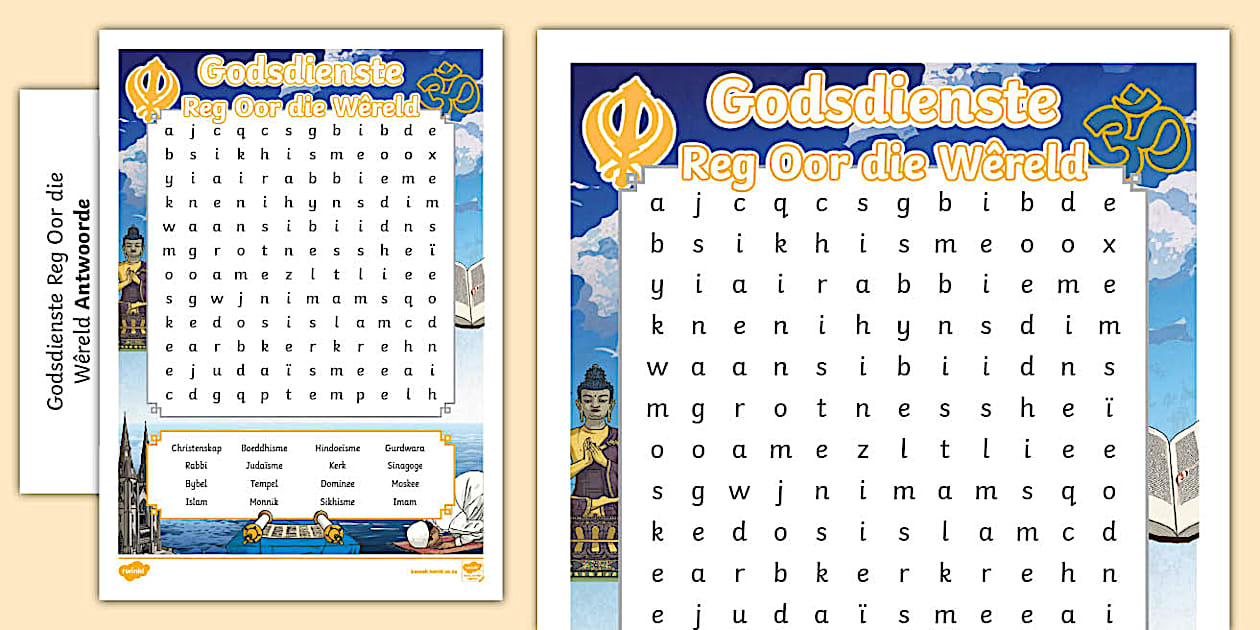 Godsdienste Reg Oor die Wêreld - Woordsoek (teacher made)