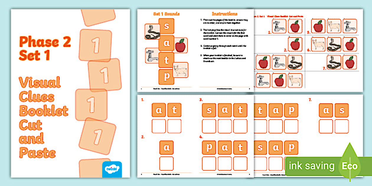 Phase 2, Set 1 Visual Clues Word Cut and Paste Booklet