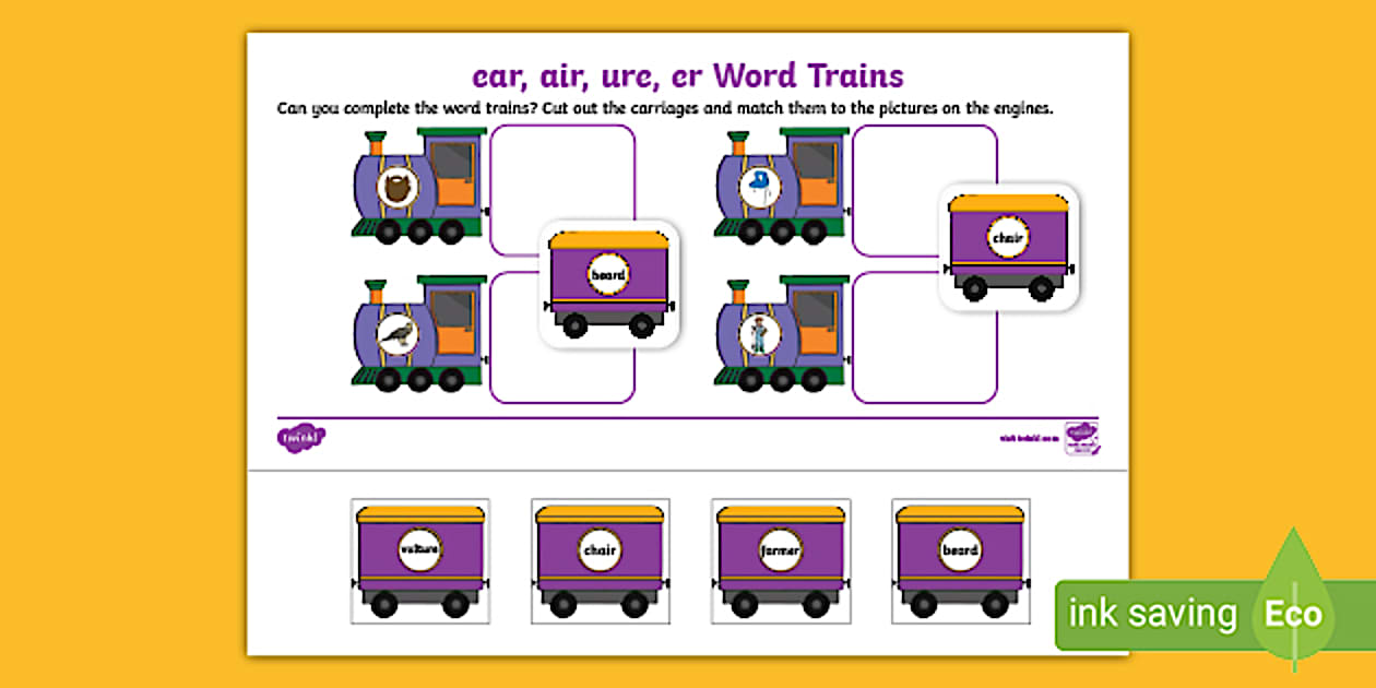 ear, air, ure, er Phase 3 Phonics Train Cut and Stick Matching Activity