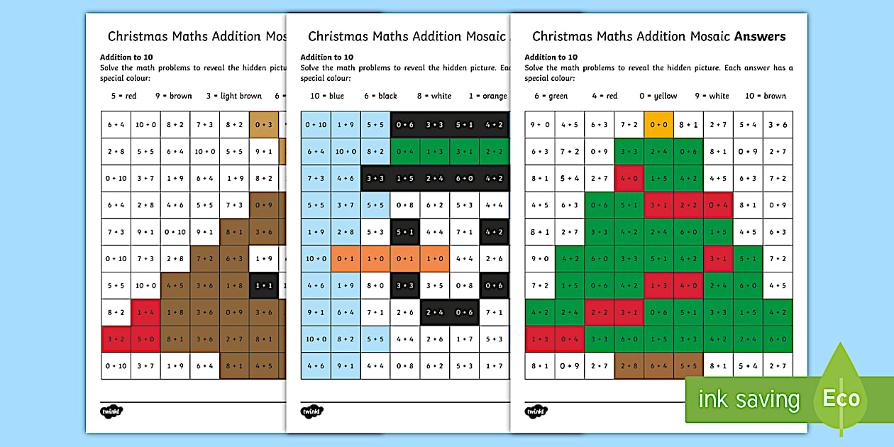 Editable Christmas Maths Addition to 10 Mosaic - Twinkl