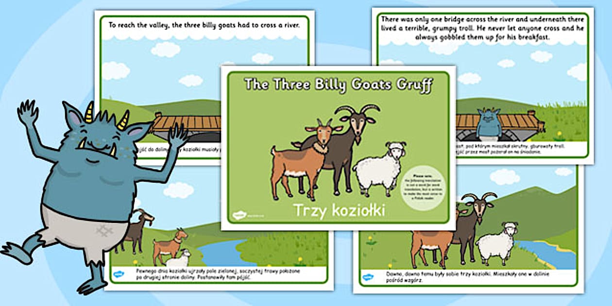 Black and White The Three Billy Goats Gruff Story Polish Translation