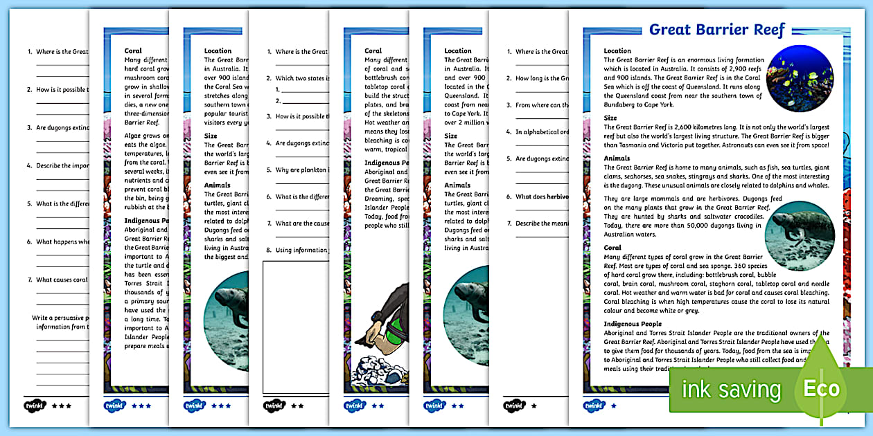 Great Barrier Reef Upper Primary Differentiated Reading Comprehension ...