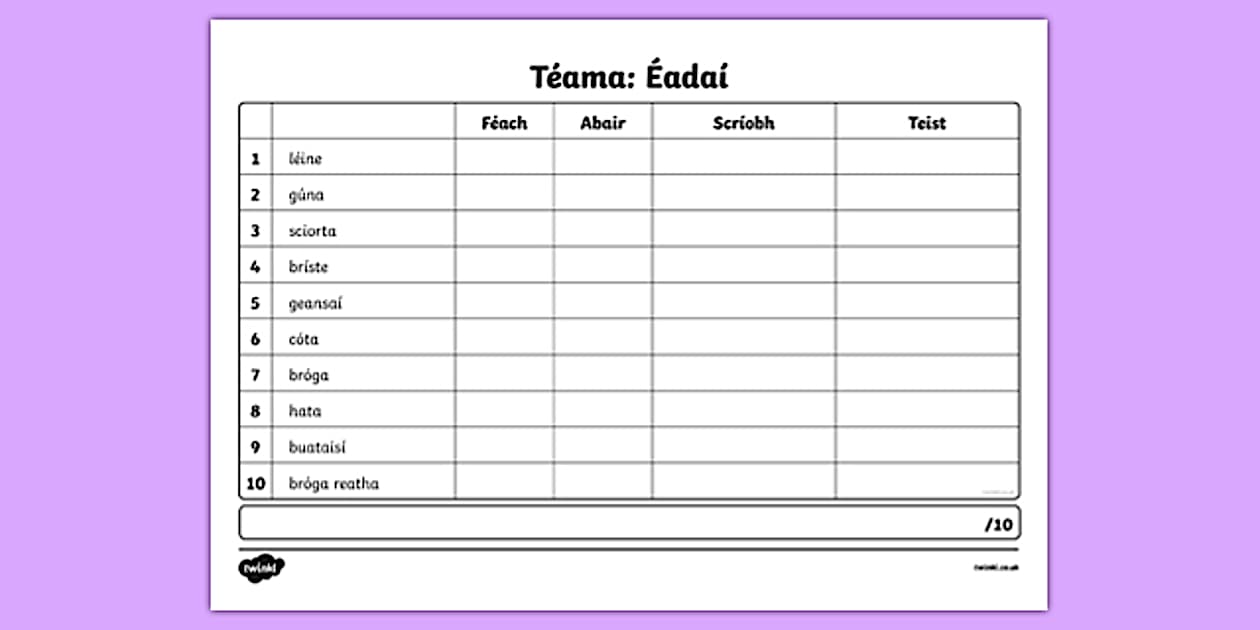 Editable Spelling List Éadaí 1 Worksheet Gaeilge - Twinkl
