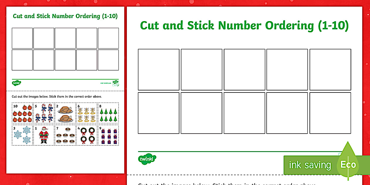Christmas Themed Cut and Stick Number Ordering Sheets