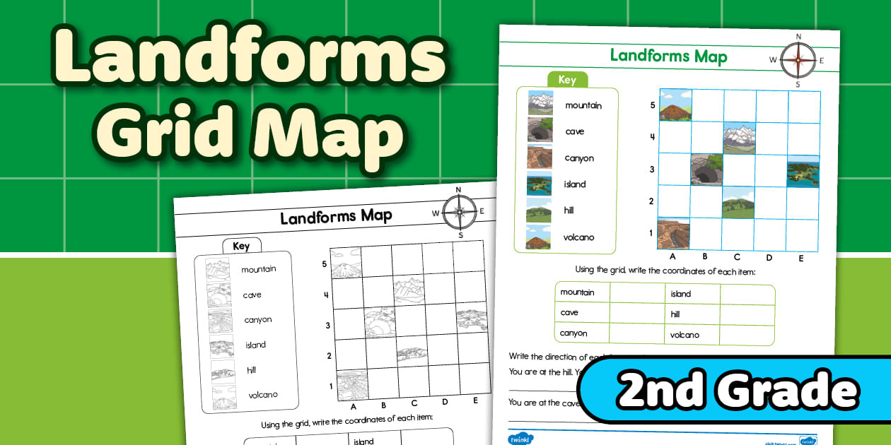 Second Grade Landforms Grid Map Worksheet