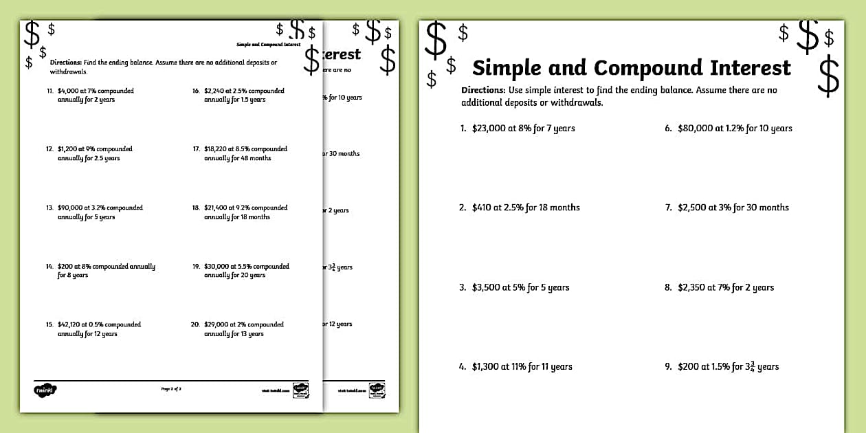 Eighth Grade Simple and Compound Interest Practice - Twinkl