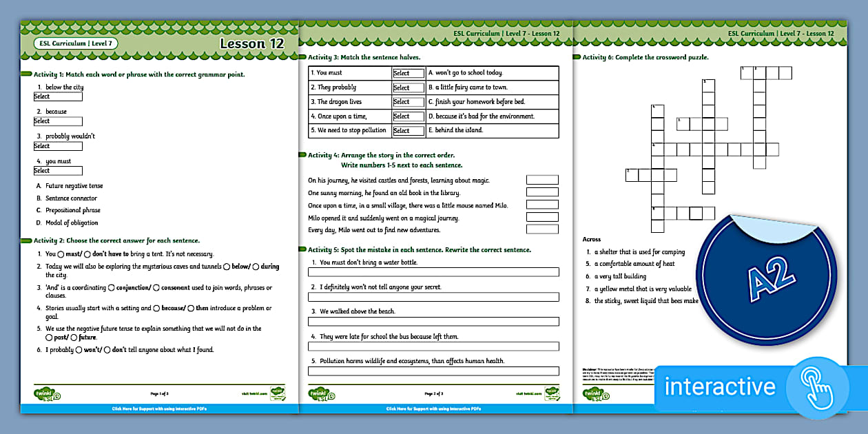 ESL Curriculum Level 7, Lesson 12 Interactive Worksheet