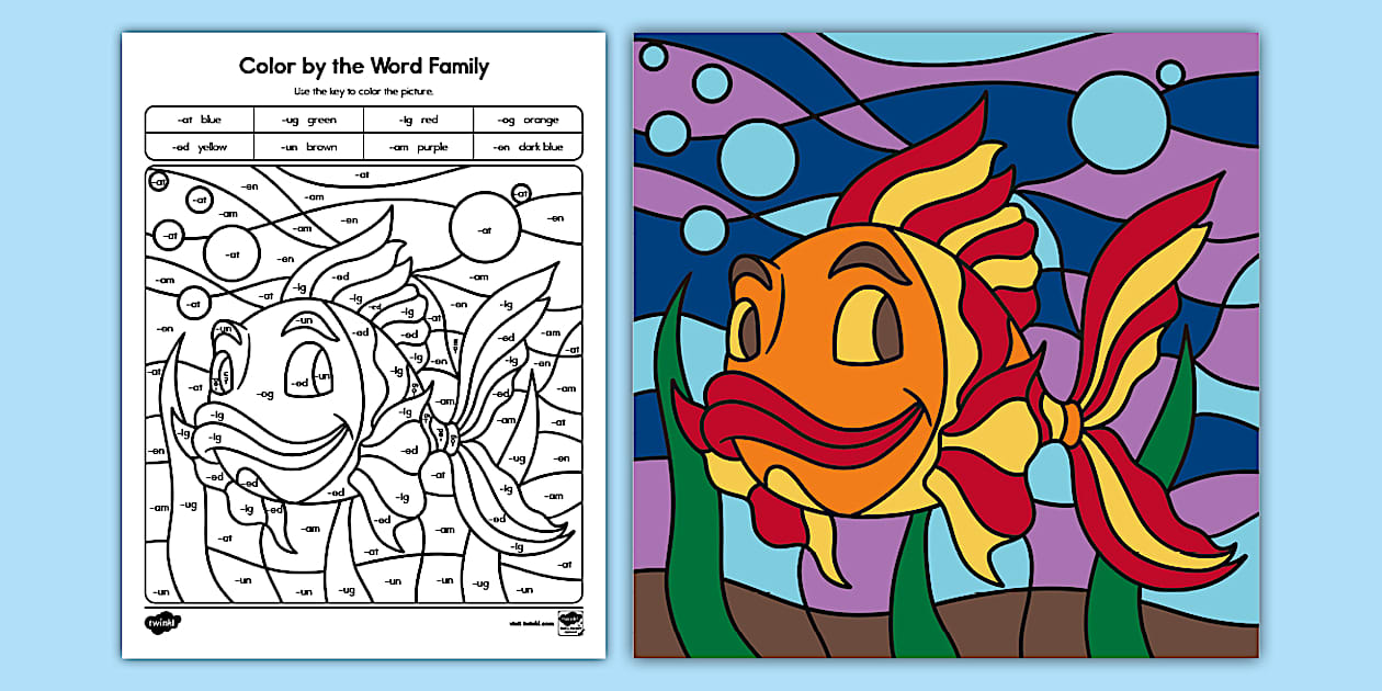 Kindergarten Color by the Word Family Activity Worksheet