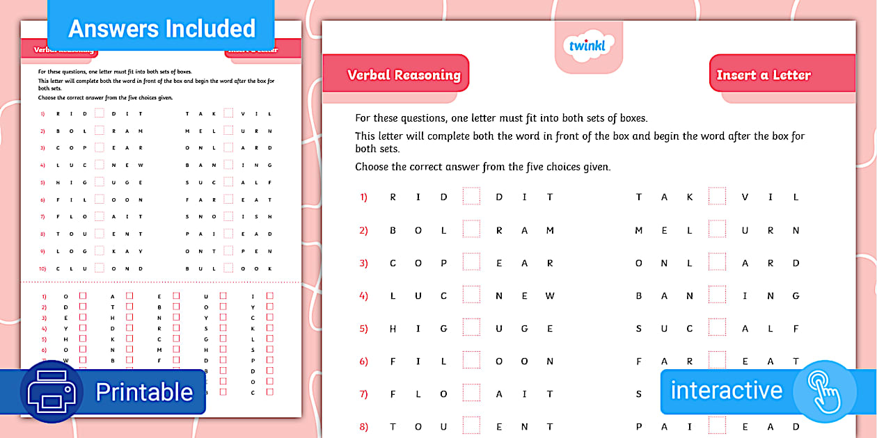 Verbal Reasoning - Insert a Letter - Twinkl Puzzled - Twinkl
