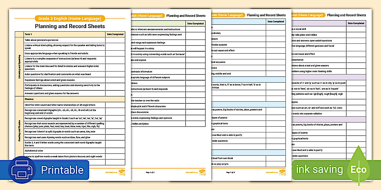 Grade 3 English Planning and Record Sheet (teacher made)
