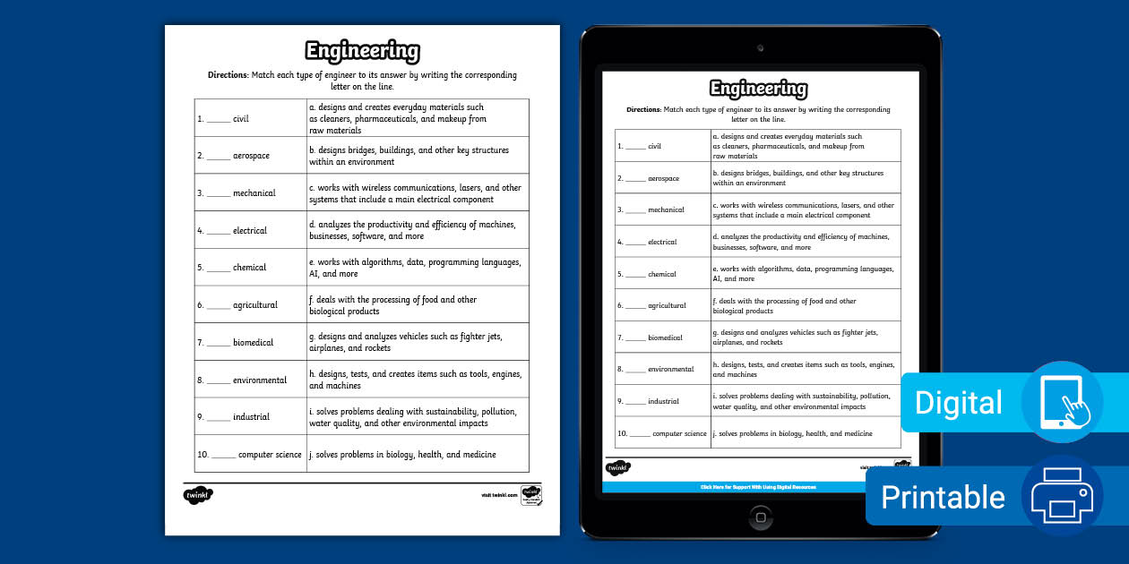 Engineering Matching Worksheet for 6th-8th Grade - Twinkl