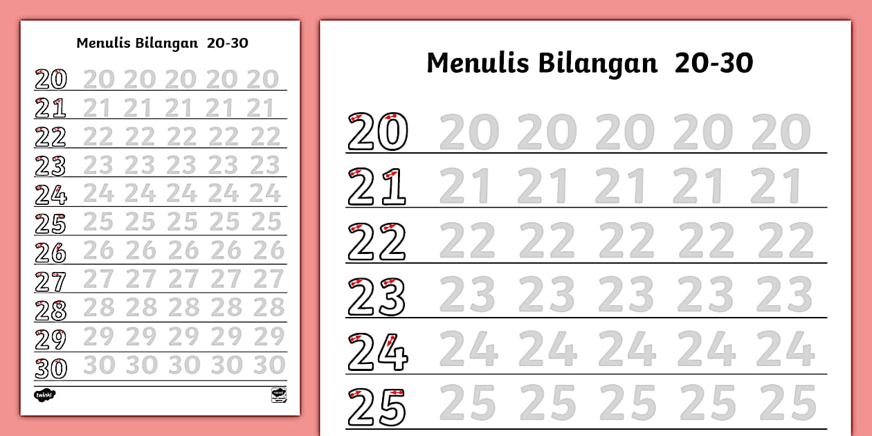 Lembar Kerja Menulis Bilangan 20-30 (Teacher-Made) - Twinkl