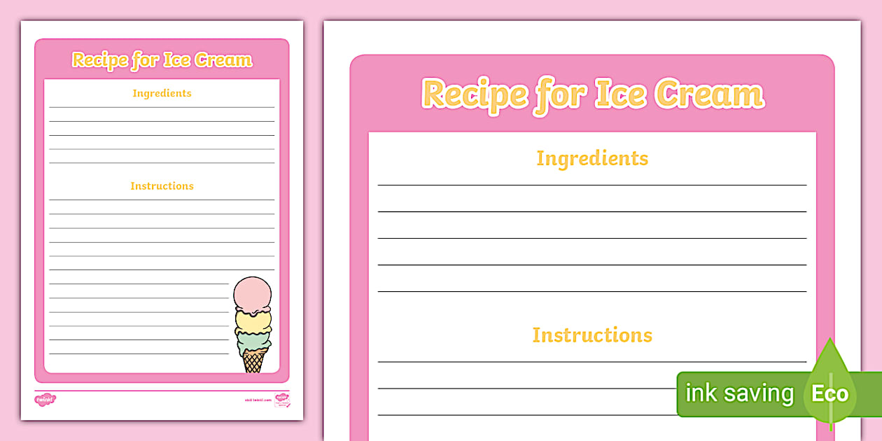 Editable Recipe For Ice Cream Template - Parents - Twinkl