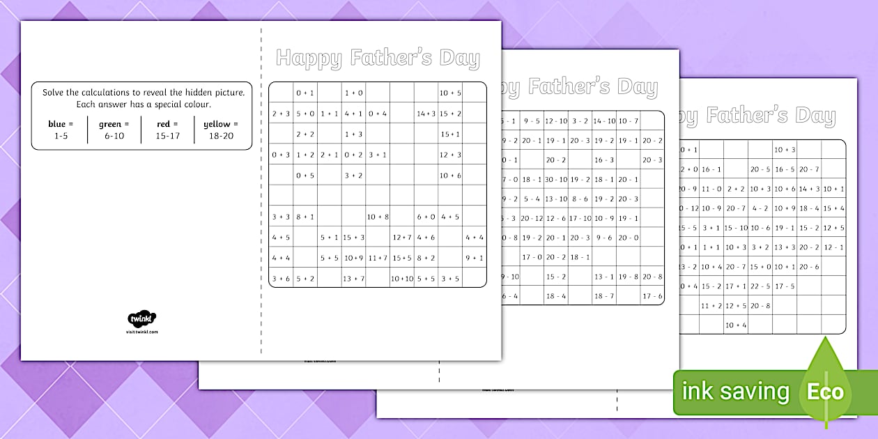 Father's Day Addition and Subtraction Facts up to 20 Maths Mosaic Cards