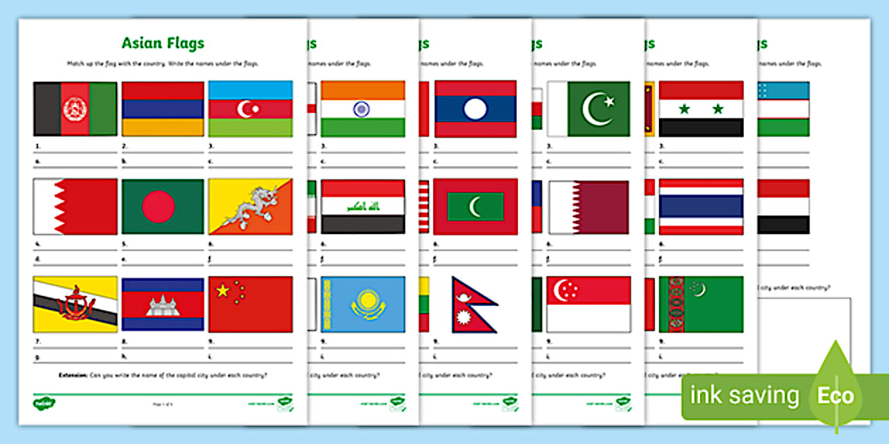 Asia Flag Worksheet (teacher made) - Twinkl