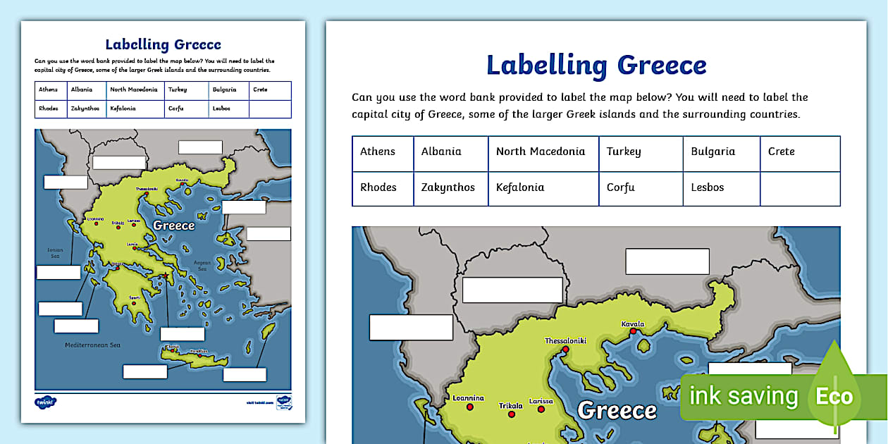 Map of Greece Labelling Activity - Geography - KS2 - Twinkl