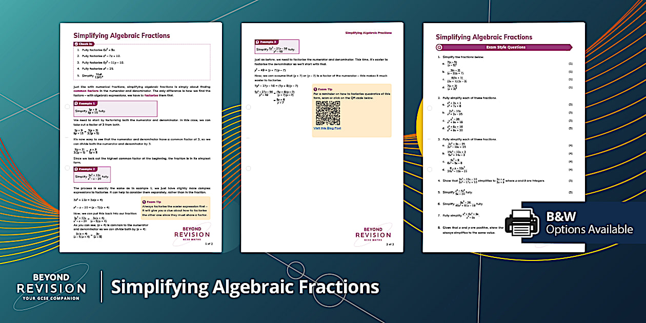 👉 Simplifying Algebraic Fractions GCSE Worksheet | Beyond