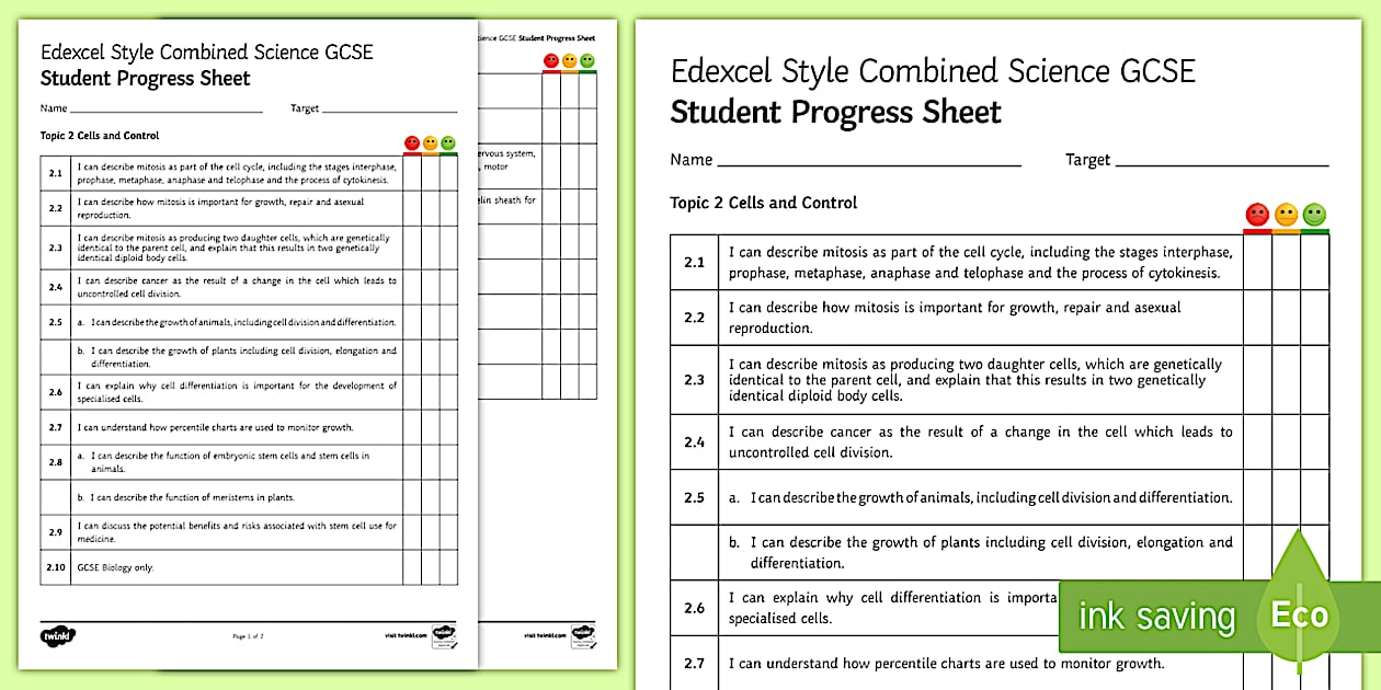 Edexcel Style Combined Science Cells and Control Progress Sheet