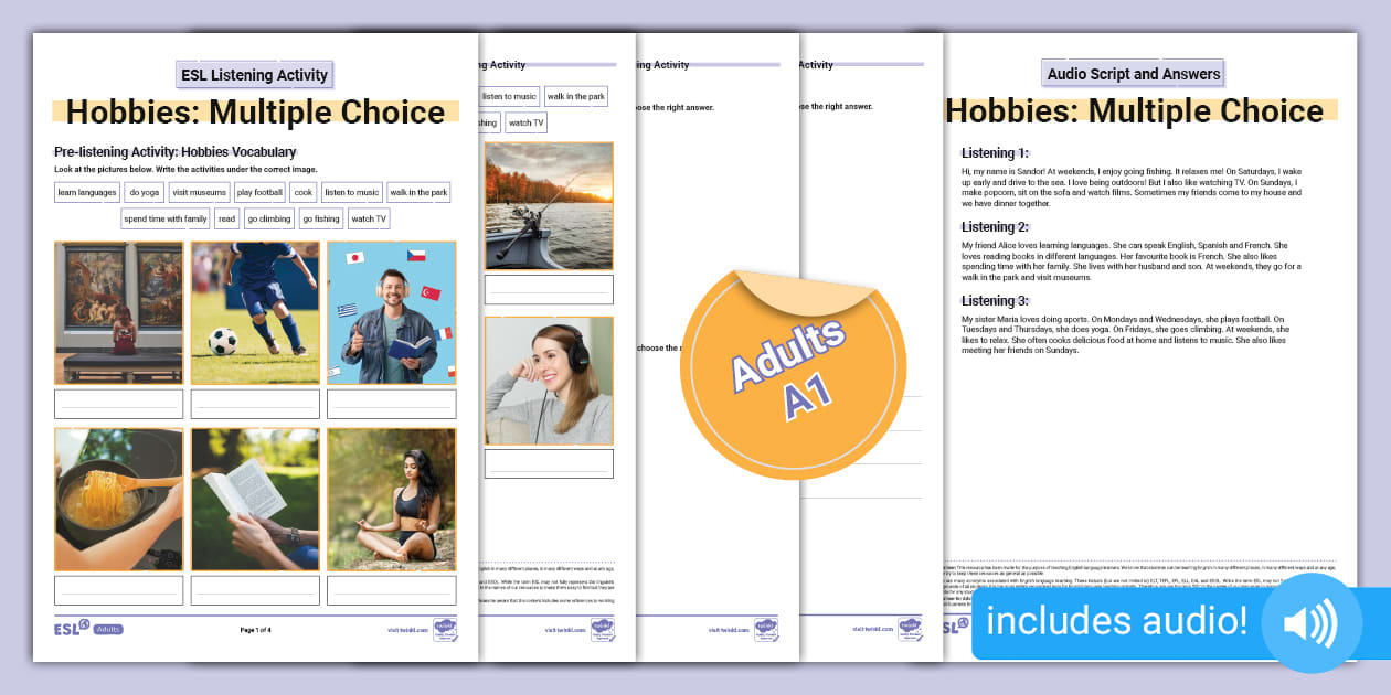 ESL Hobbies Listening: Multiple Choice [Adults, A1] - Twinkl
