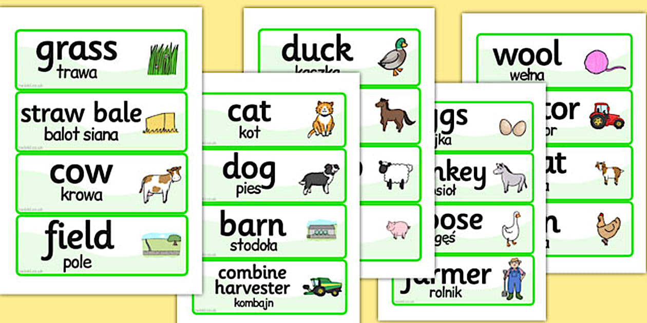 Farm Word Cards Polish Translation (teacher made) - Twinkl