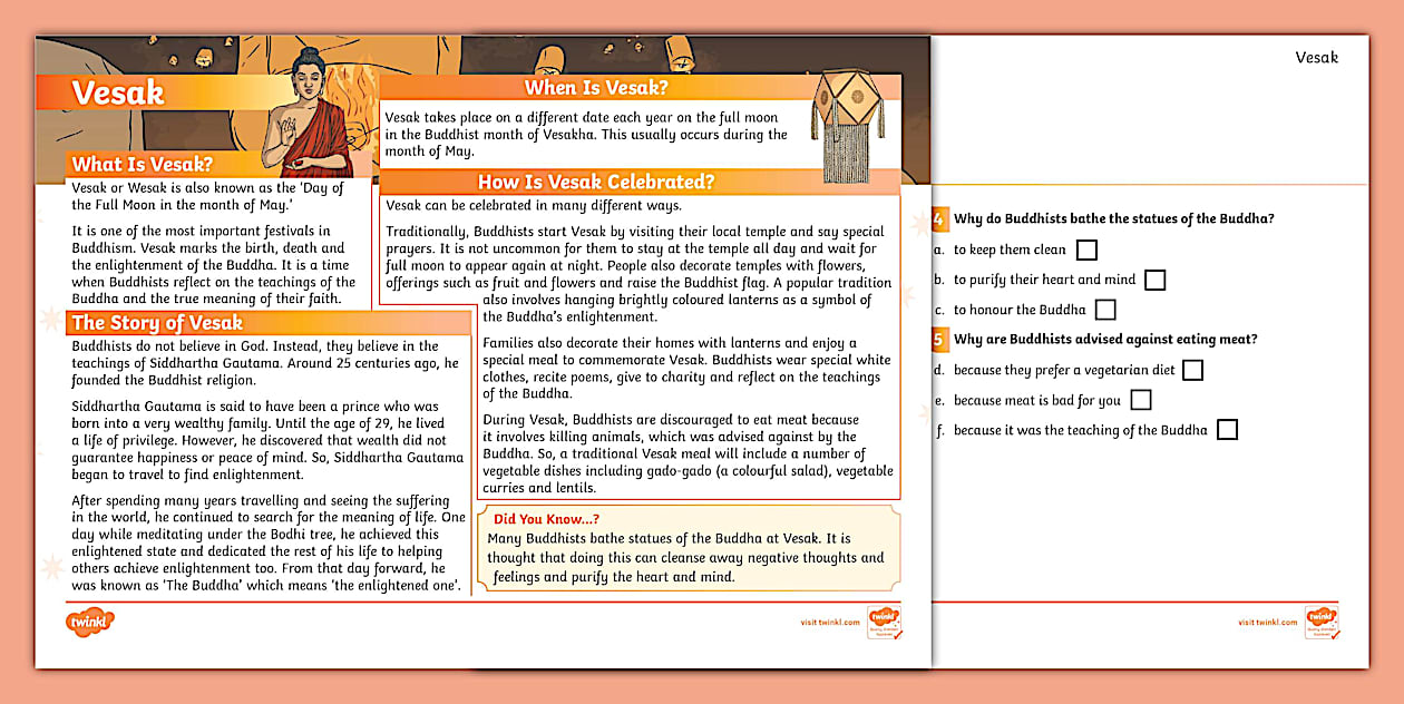 Y5/6 Facts About Vesak Fact File and Quiz (teacher made)