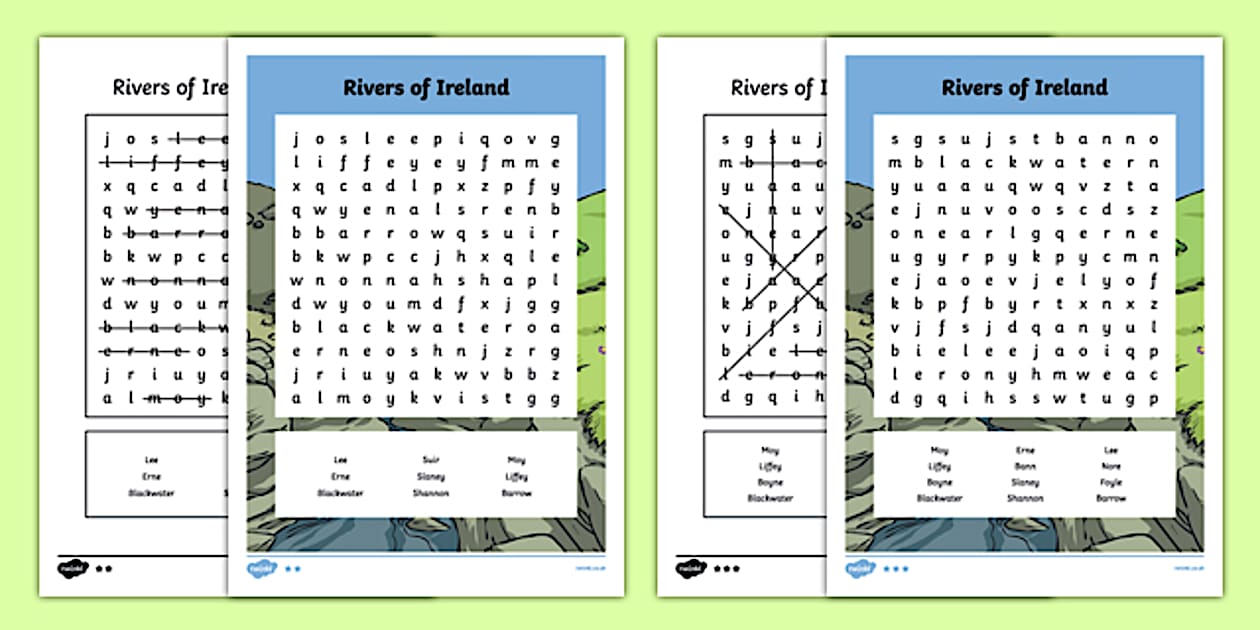 Black and White Rivers of Ireland Differentiated Word Search