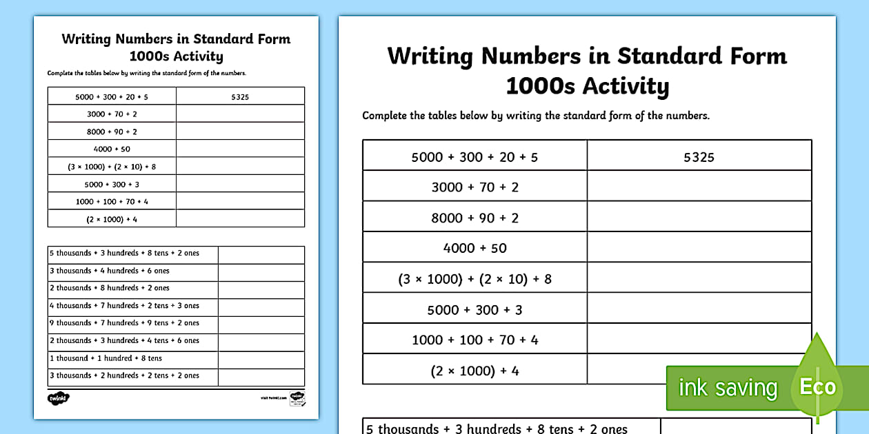 Writing Numbers in Standard Form 1000s Worksheet / Worksheet