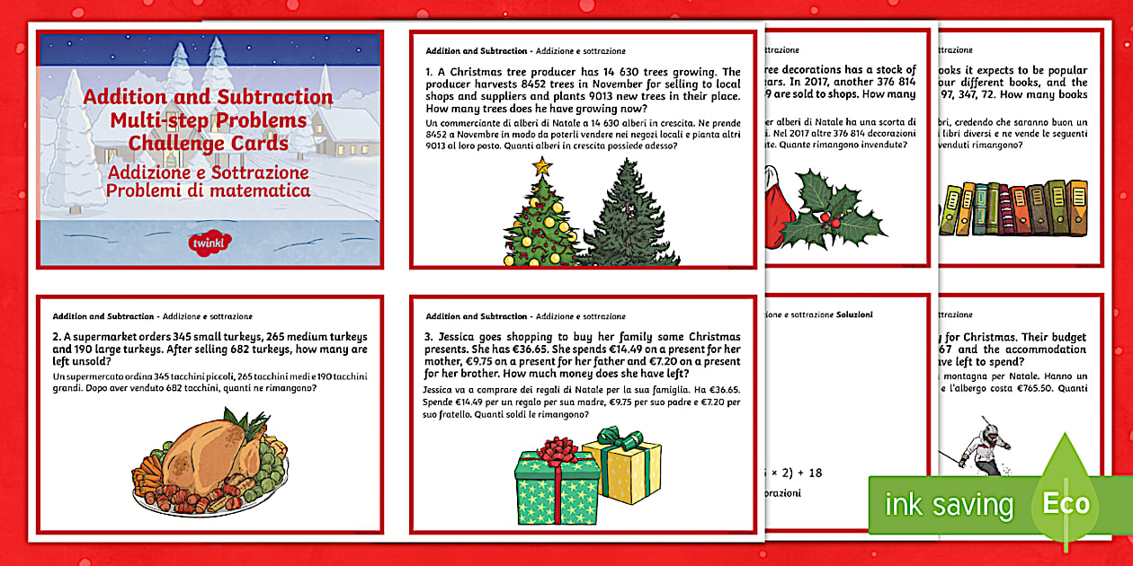 Addition and Subtraction Multi step Word Problems Christmas Maths Challenge