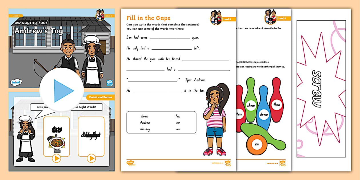 NZ Phonics: Level 5: Week 13: Lesson 4: 'ew' saying /oo/