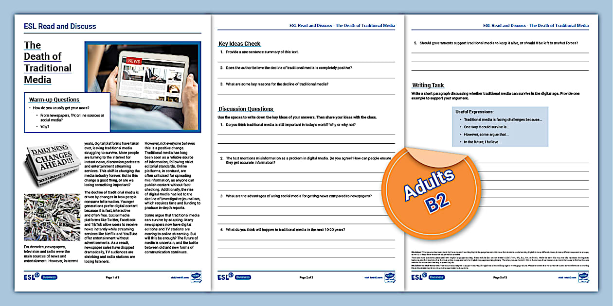 Engaging 'Read and Discuss' activity sheet for ESL B2 Adults