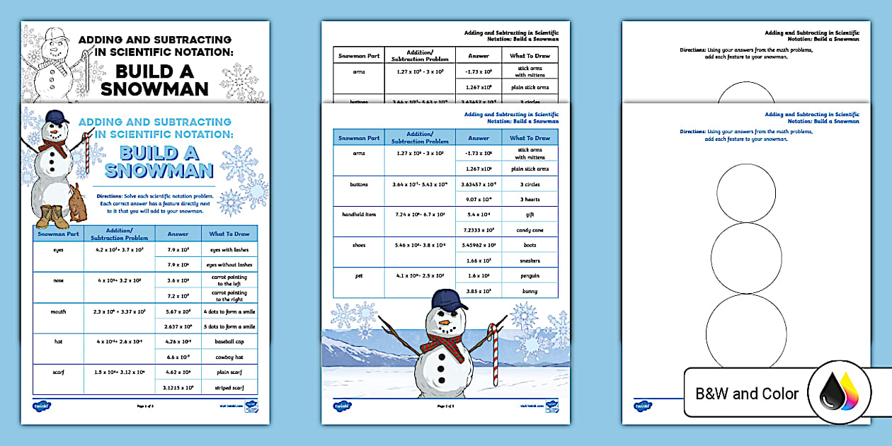 Eighth Grade Adding And Subtracting In Scientific Notation Build A Snowman