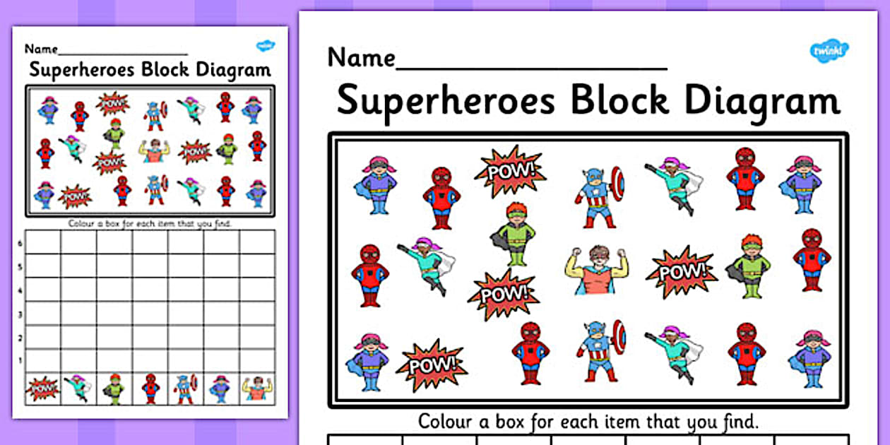 Black and White Superheroes Block Diagram Activity Worksheet