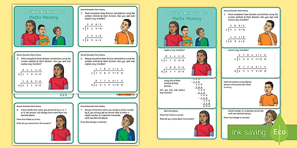Editable Year 6 Decimal Remainders Maths Mastery Challenge Cards - English