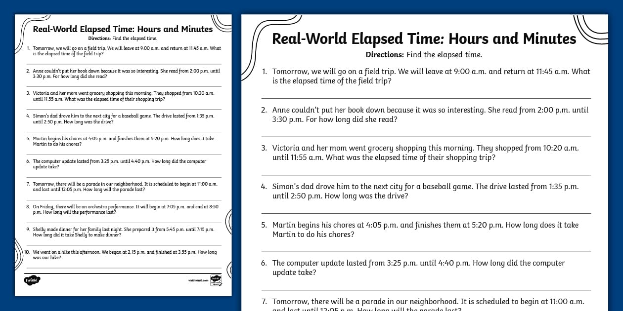 Third Grade Real-World Elapsed Time: Hours and Minutes