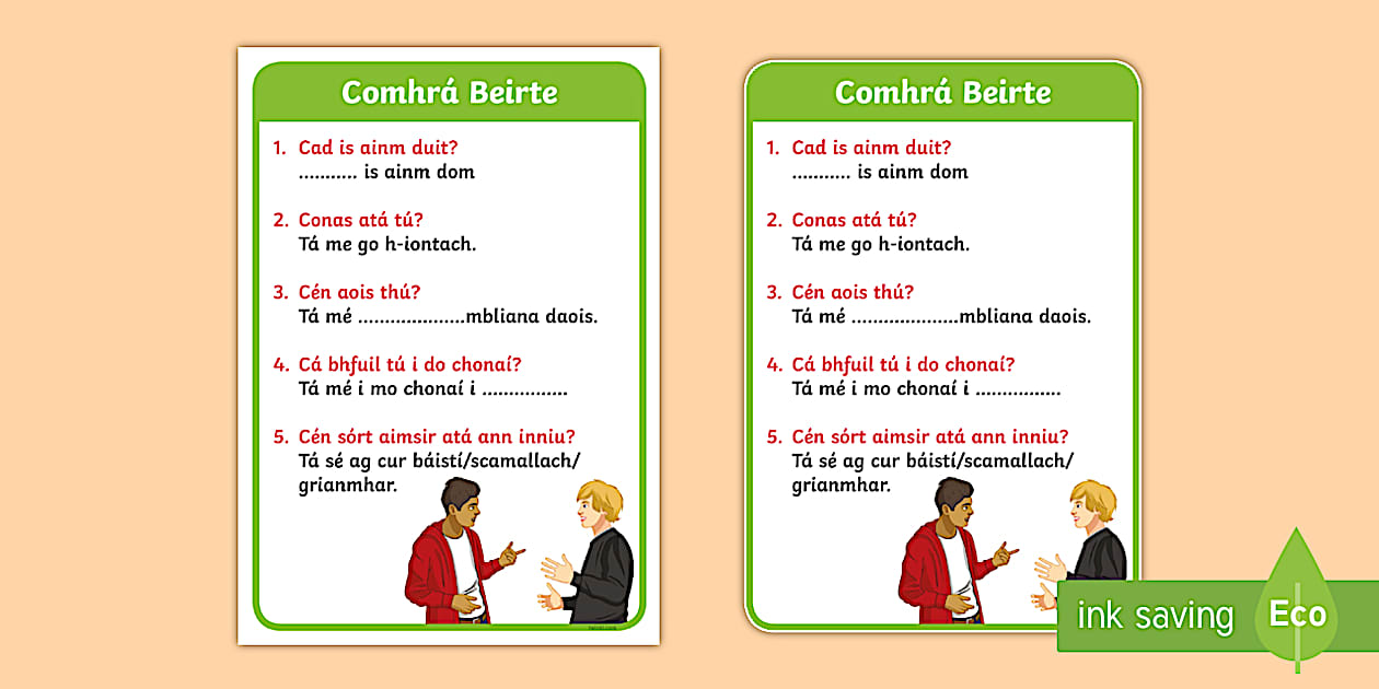 Editable ROI Irish Language Conversation Cards Flashcards Gaeilge