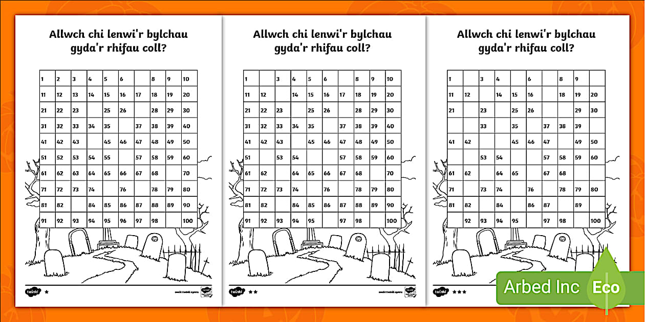 Editable Sgwâr Cant Rhifau ar Goll Calan Gaeaf - Twinkl