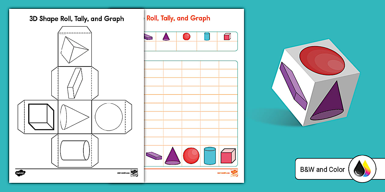 First Grade 3D Shape Roll, Tally, and Graph Center Worksheet