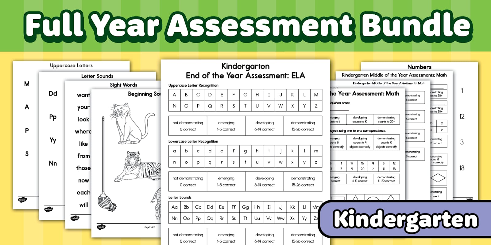 Kindergarten Full Year Assessment Bundle | ELA & Math Review