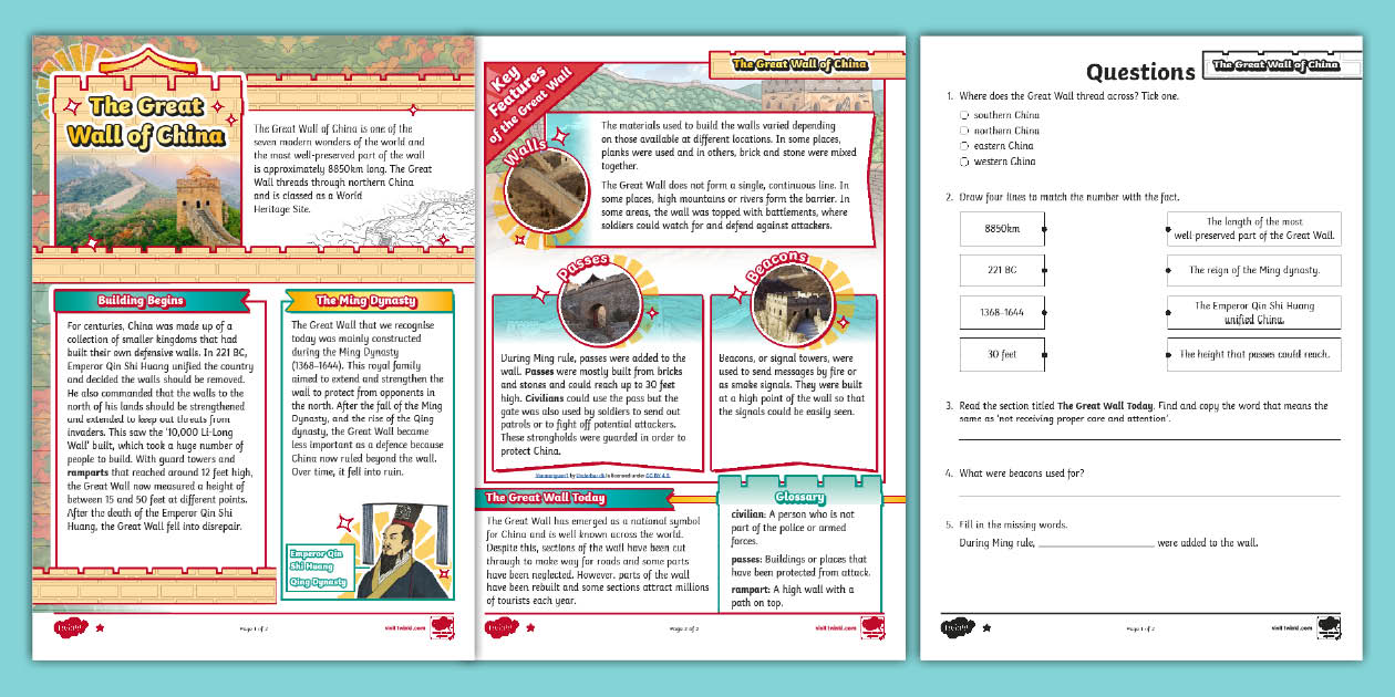 UKS2 The Great Wall of China Reading Comprehension Activity