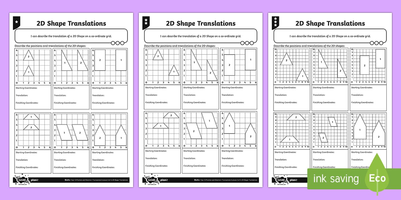 2D Shape Translations Worksheets