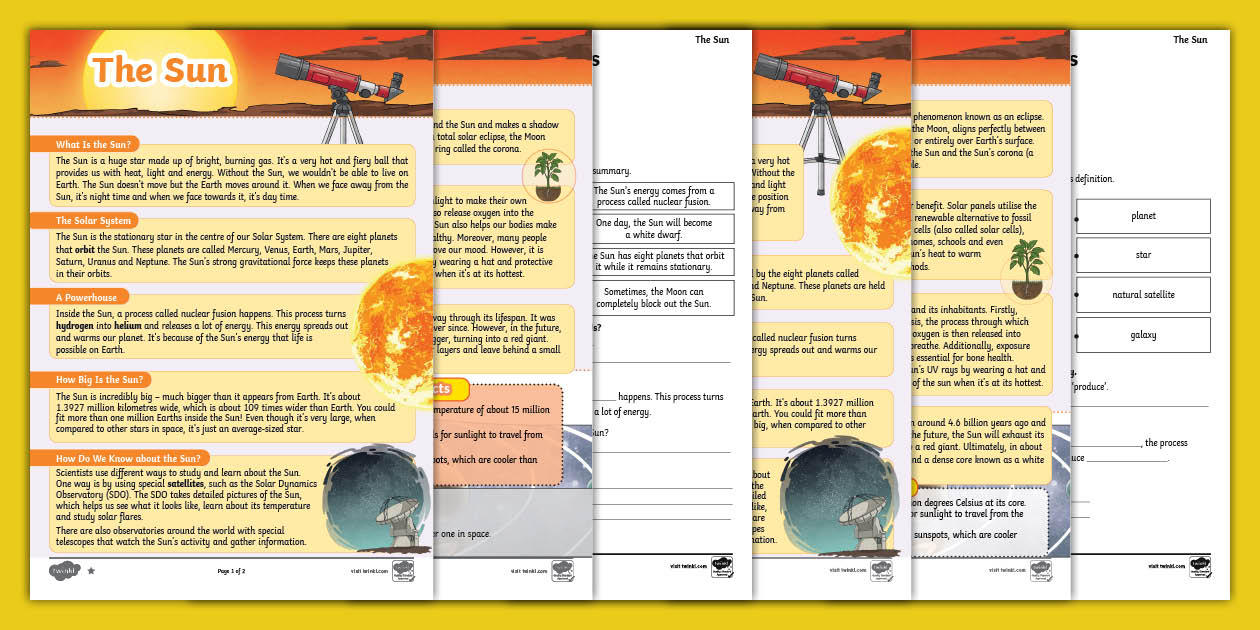 UKS2 The Sun Reading Comprehension Activity