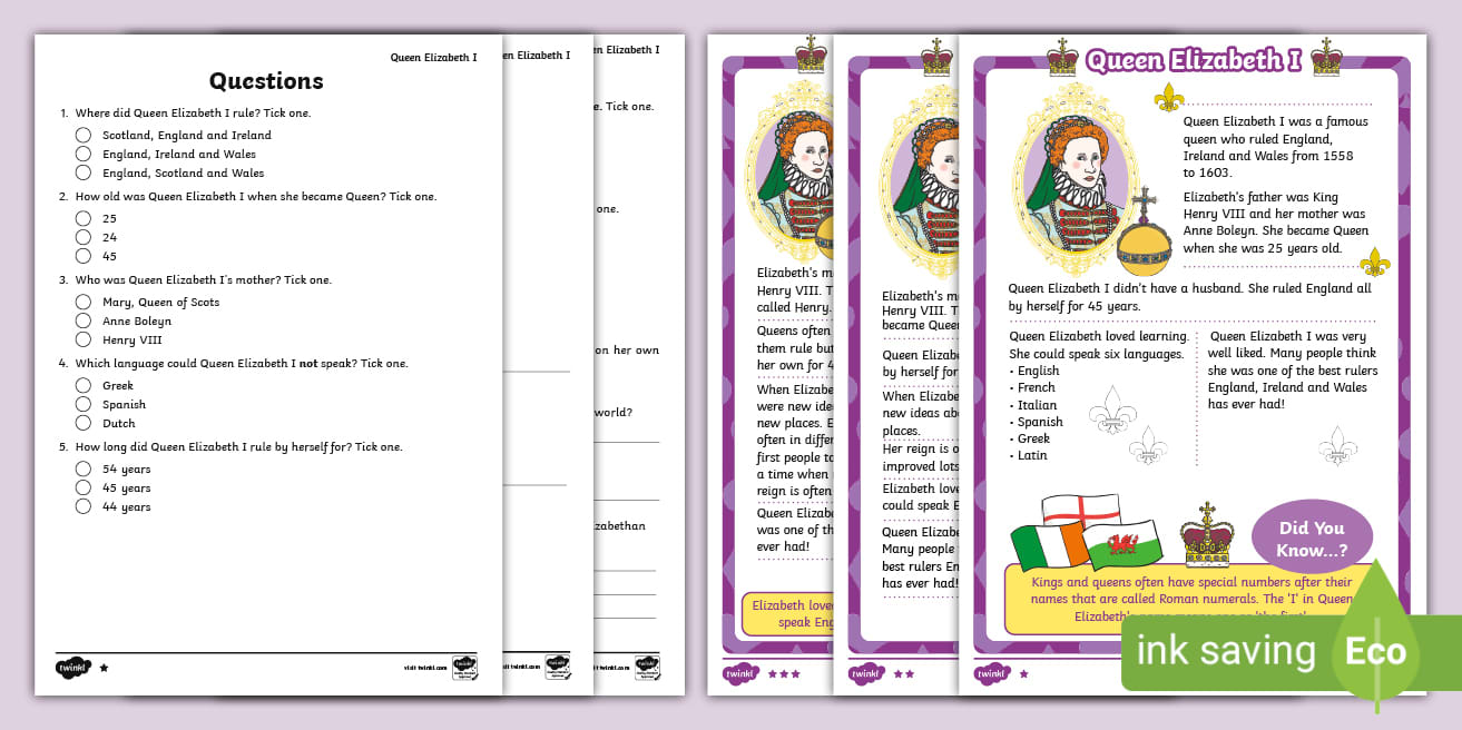 KS1 Queen Elizabeth I Reading Comprehension Activity
