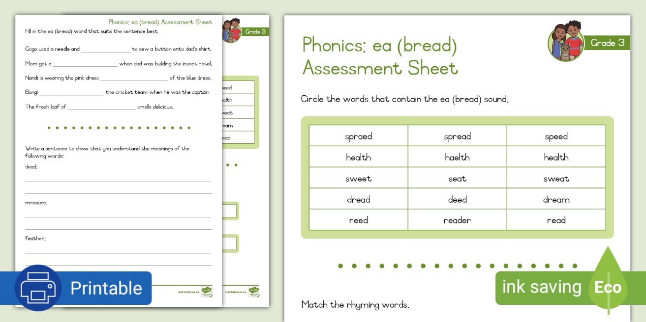 Grade 3 Phonics: ea (bread): Assessment Sheet