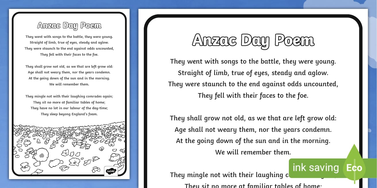 Anzac Day Ode of Remembrance Colouring In Poem