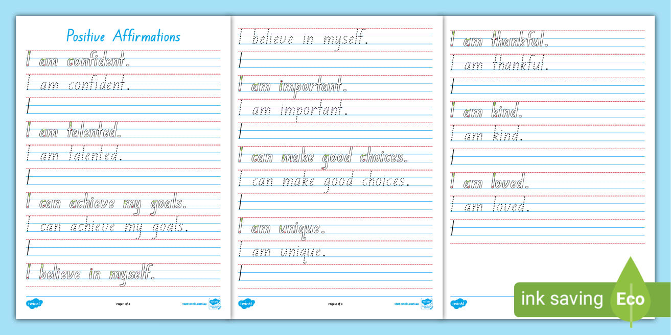 Handwriting Day Sheets Ι Positive Affirmations
